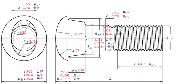 ASME B 18.10 - 2006 R2016 半圆头椭圆锥颈轨道用螺栓 [Table 2] (A449, A354)-零部件CAD
